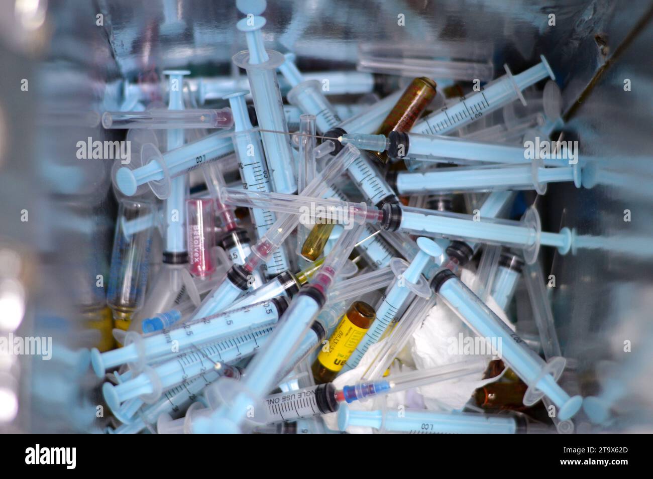 Cairo, Egypt, October 24 2023: medical waste of sharp needles, syringes ...