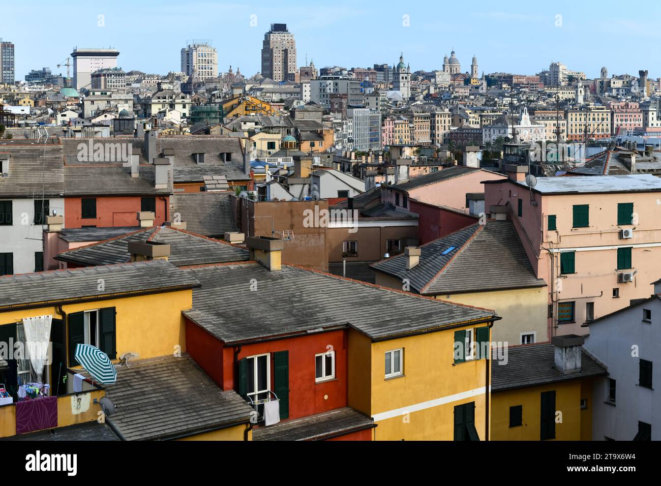 View of the roofs of Genoa, Liguria, Italy downtown city skyline from ...
