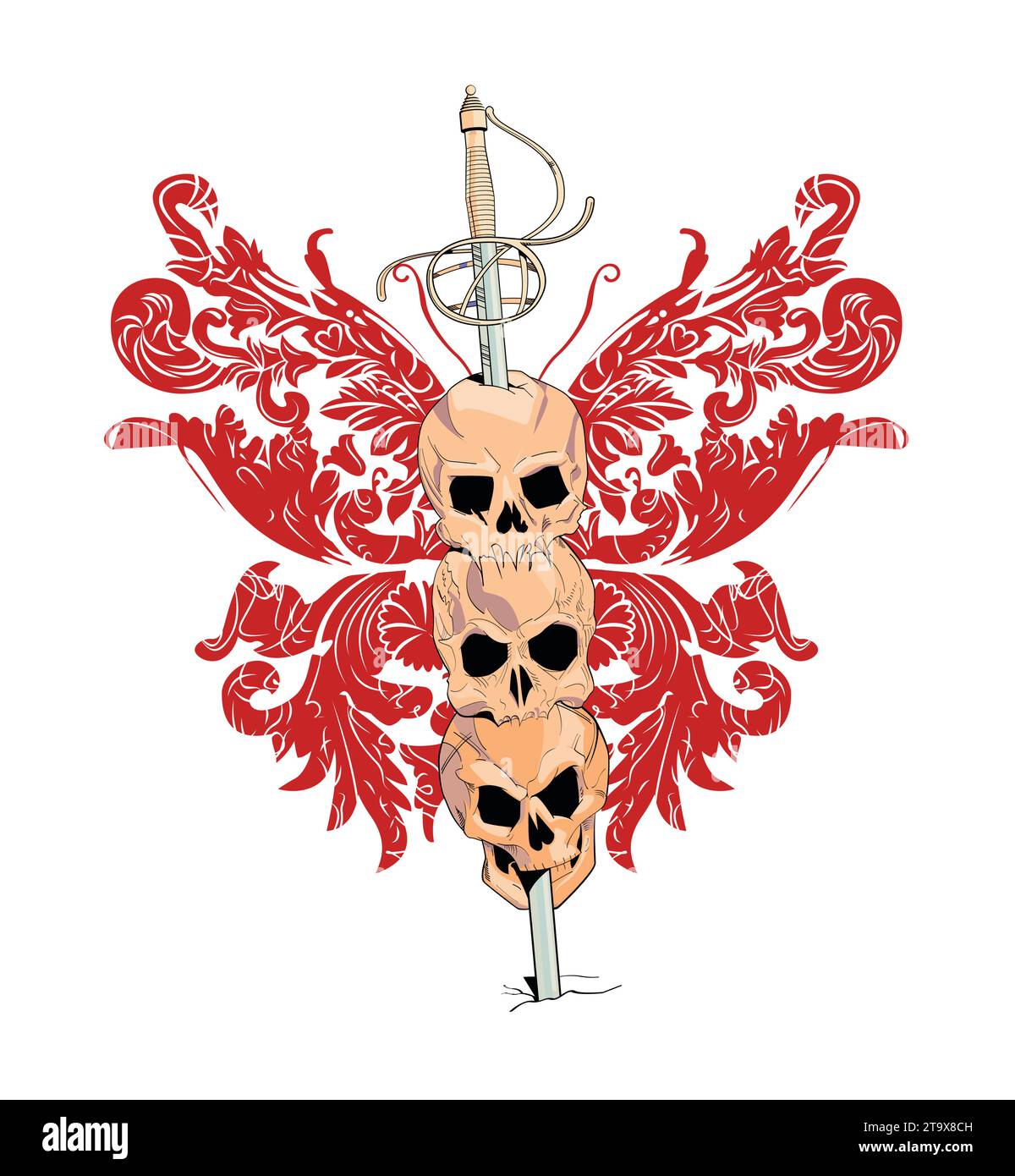 T-shirt design with three skulls skewered by a medieval sword ...