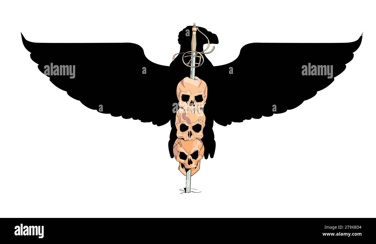 T-shirt design with three skulls skewered by a sword with a black eagle ...