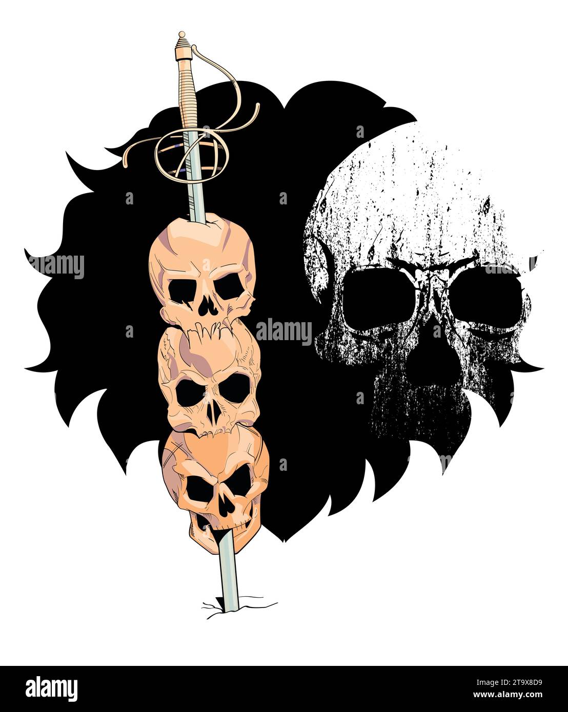 T-shirt design with three skulls skewered by a medieval sword ...