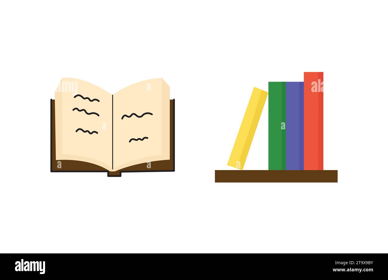 Set of illustrations with books on a shelf and opened isolated ...