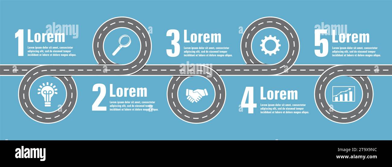 Winding road with five stops with symbolic icons. Business plan. Vector ...