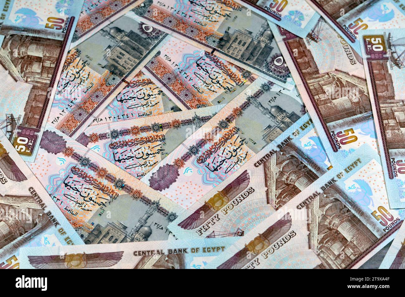 A pile of Egyptian money banknotes of 50 LE fifty pounds features Abu ...