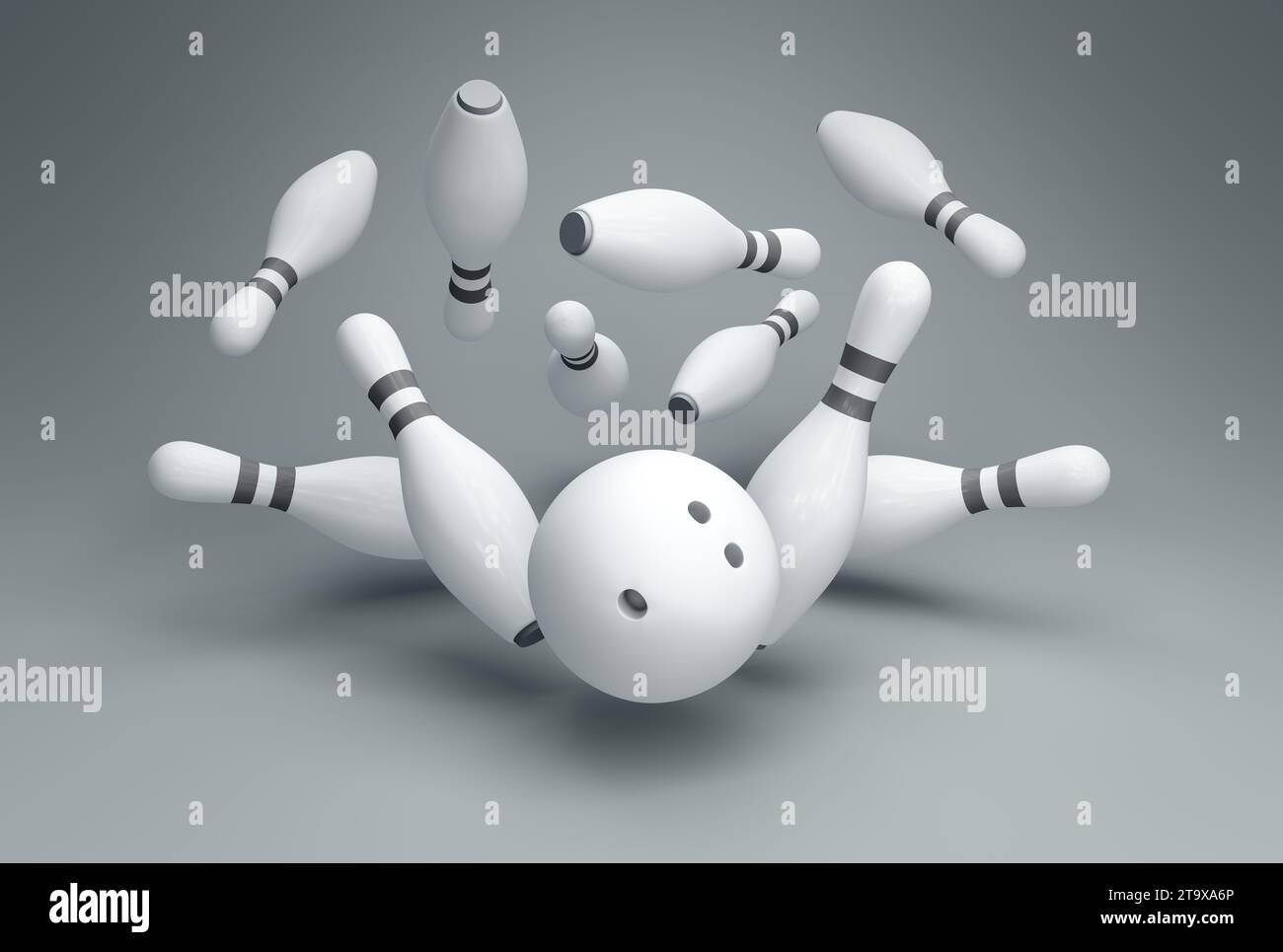 White Bowling Ball and Pins on a Gray Studio Background. Minimal ...