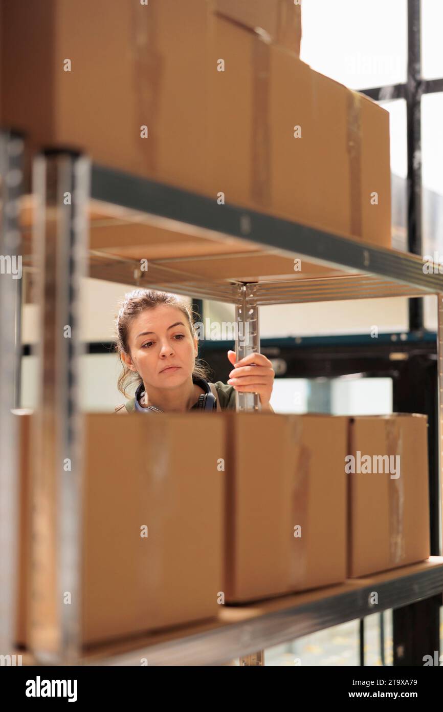 Storage room employee looking at shelves full with boxes, checking ...