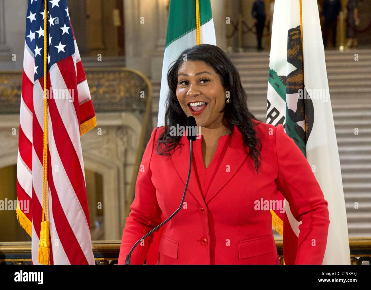 San Francisco, CA - Oct 11, 2023: Mayor London Breed speaking at the ...