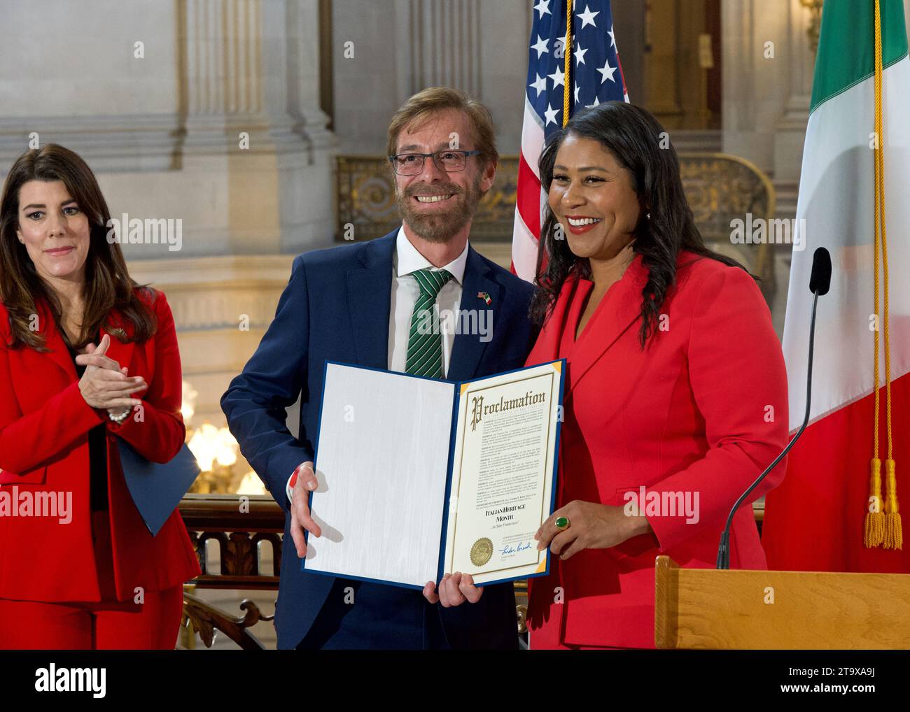 San Francisco, CA - Oct 11, 2023: Mayor London Breed giving the Italian ...