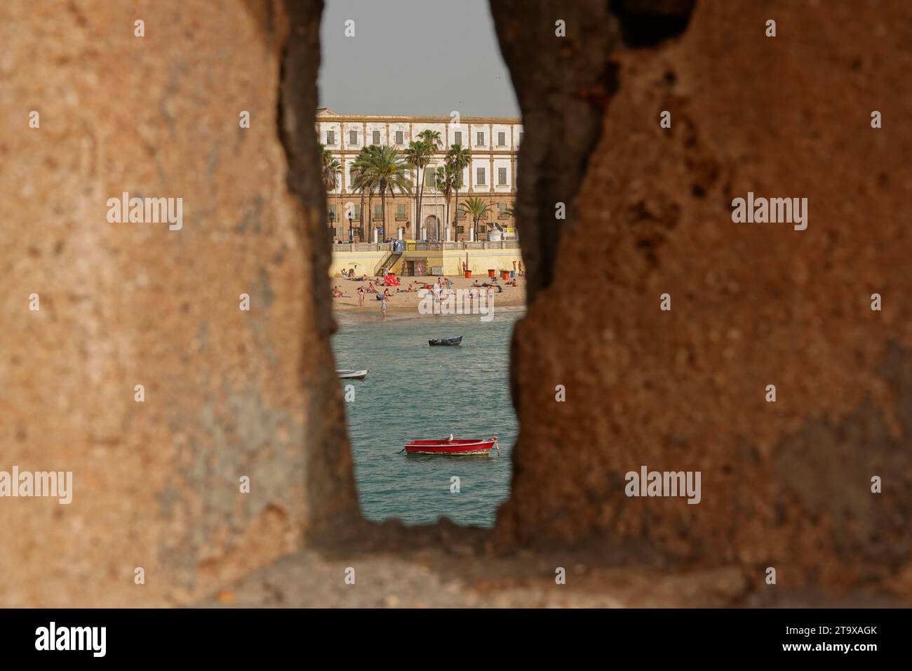 View of Cadiz beach and waterfront from inside the Castillo de Santa ...