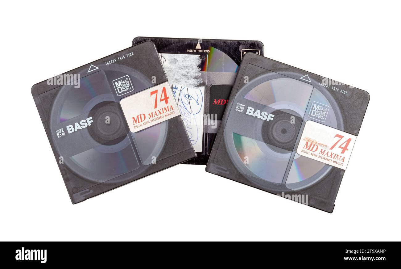 Retro small Sony Mini Disc set top view, objects isolated on white ...