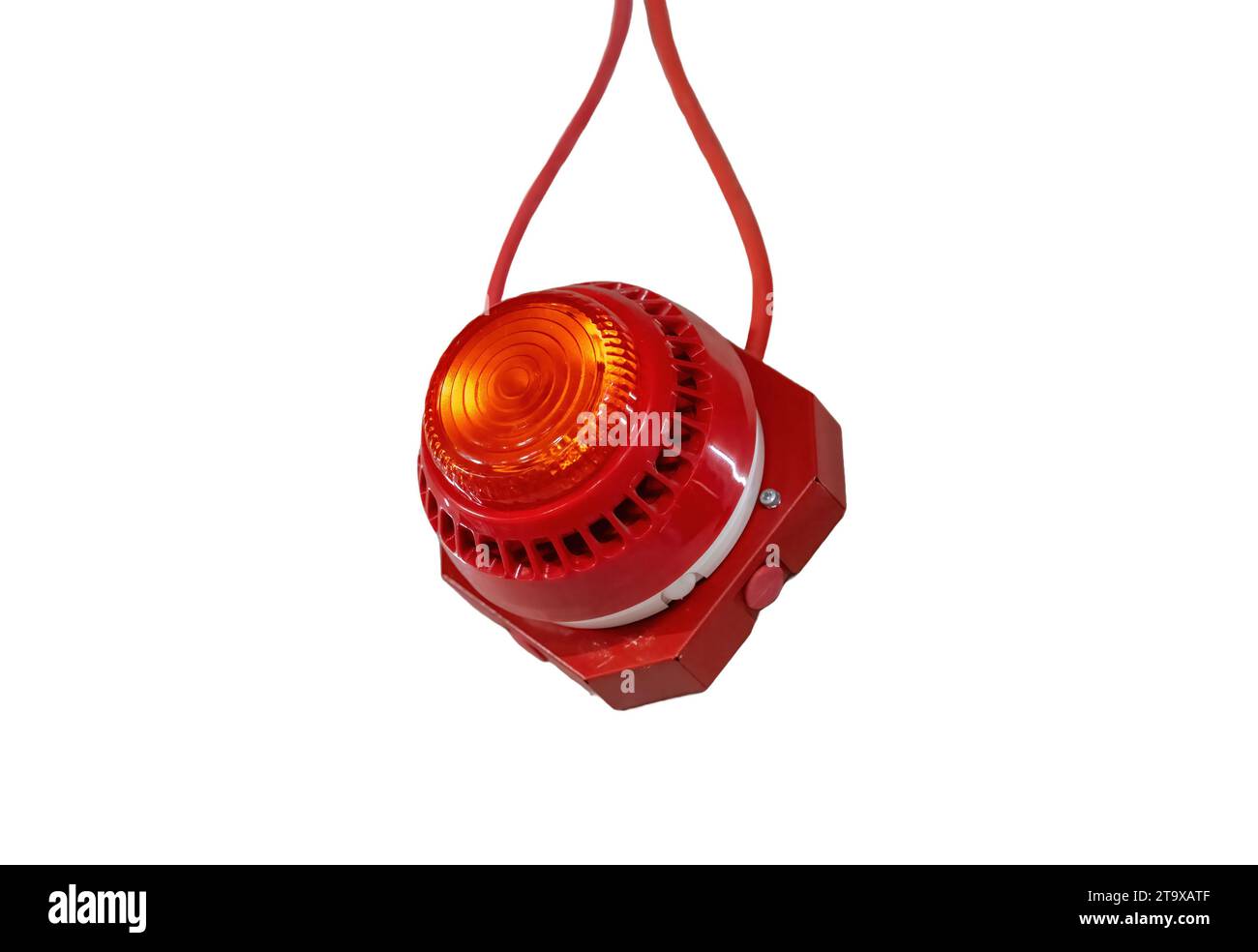 One single simple wall mounted red alert alarm light isolated on white ...