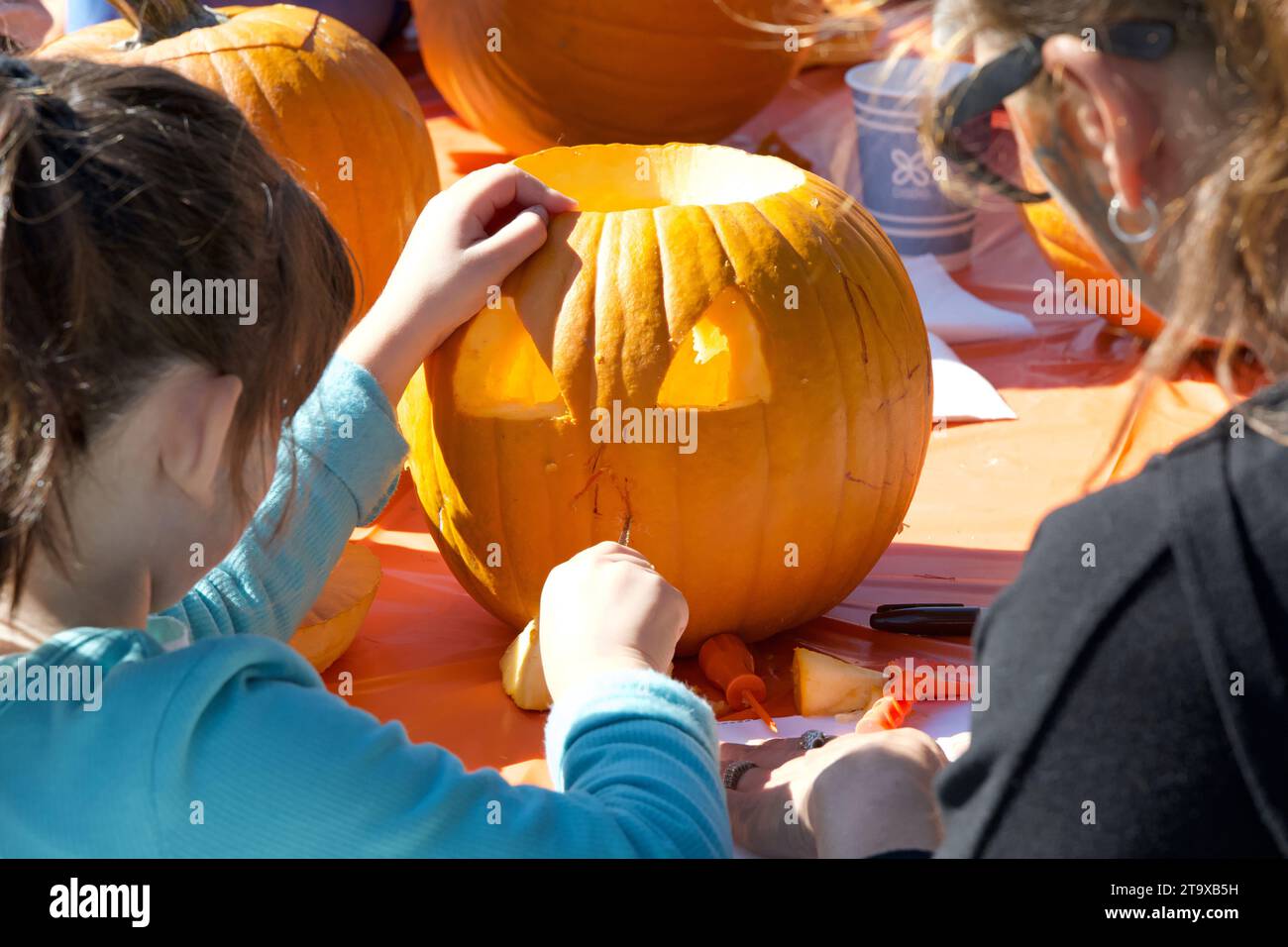 San Francisco, CA - Oct 23, 2023: Kids carving pumpkins at Senator ...