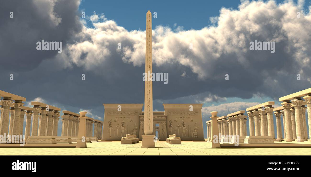 A tall obelisk stands in front of an Egyptian temple in honor of one of ...