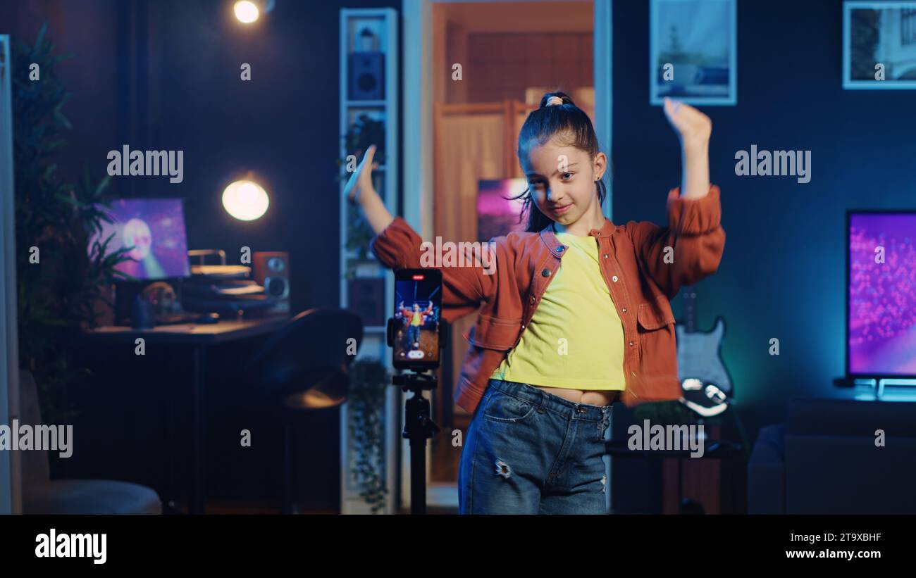 Kid doing viral dance choreography in living room with 3D rendered ...