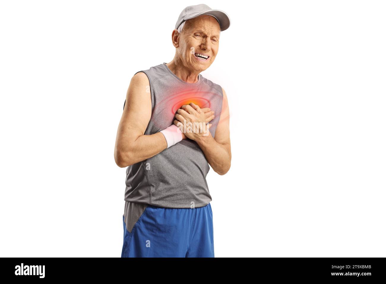 Elderly man in sportswear experiencing pain in chest isolated on white ...