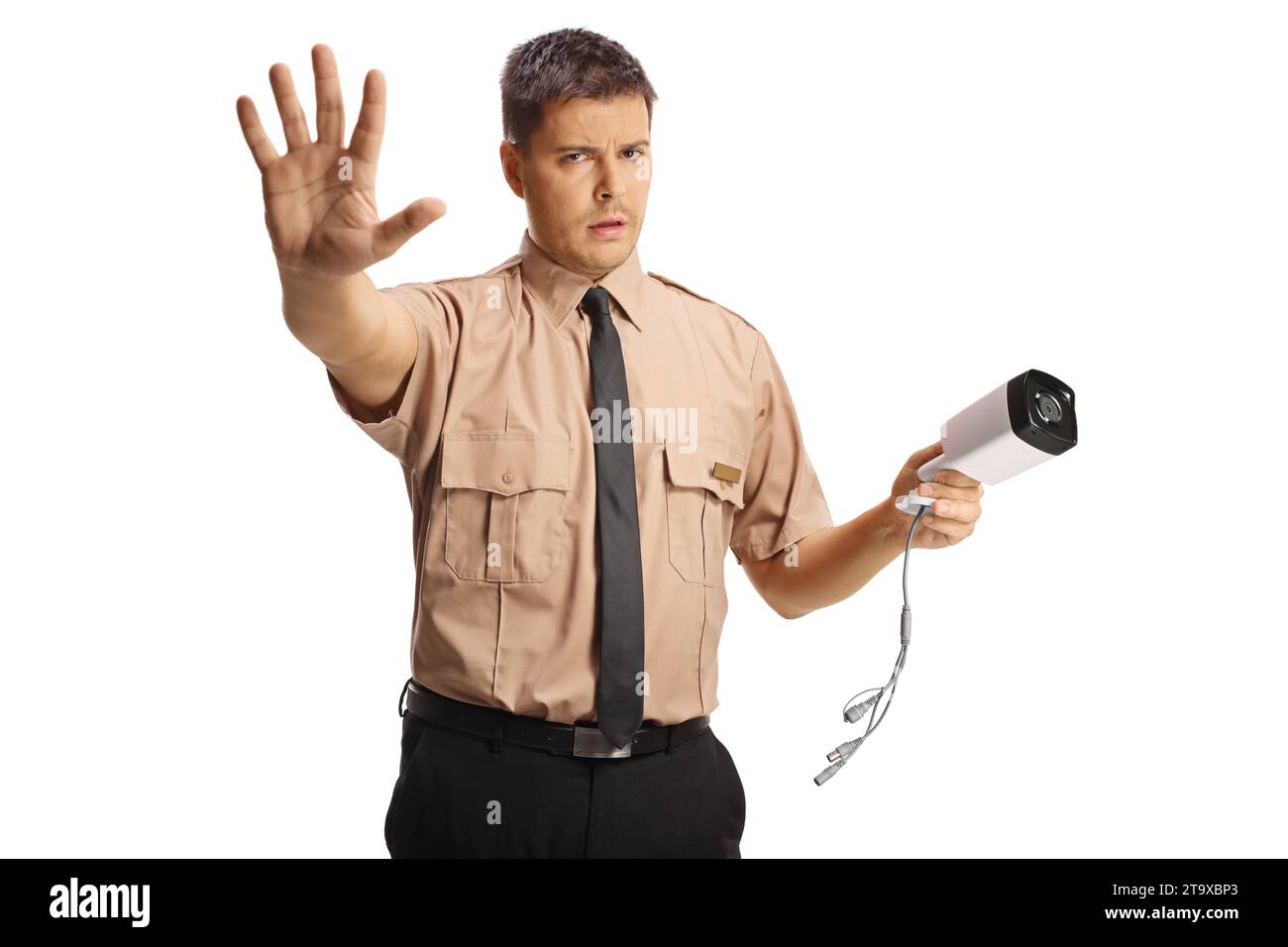 Security officer holding a CCTV and gestruing stop isolated on white ...