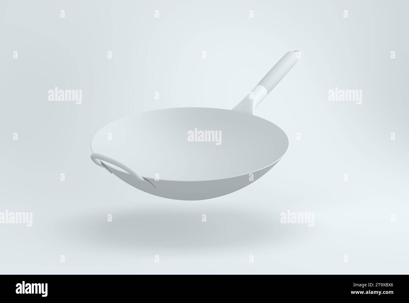 Gray Frying Pan Wok on a White Studio Background. Minimal concept. Perspective view. Monochrome ...