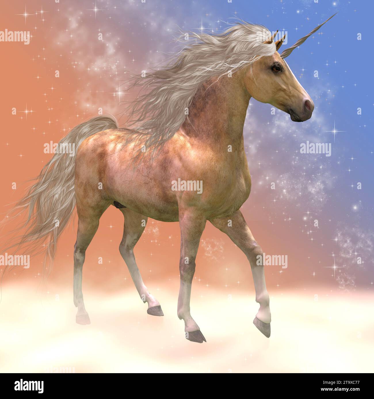 A fantasy image of a Buttermilk male unicorn and misty fog in a ...