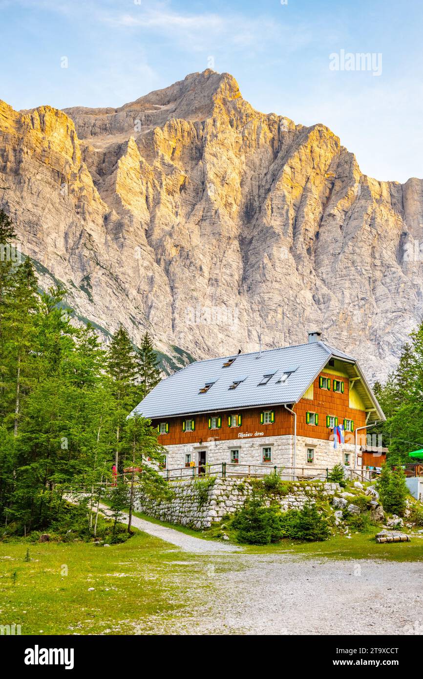 Aljazev Dom - mountain hut under Triglav, the highest mountain of Slovenia. Triglav National ...