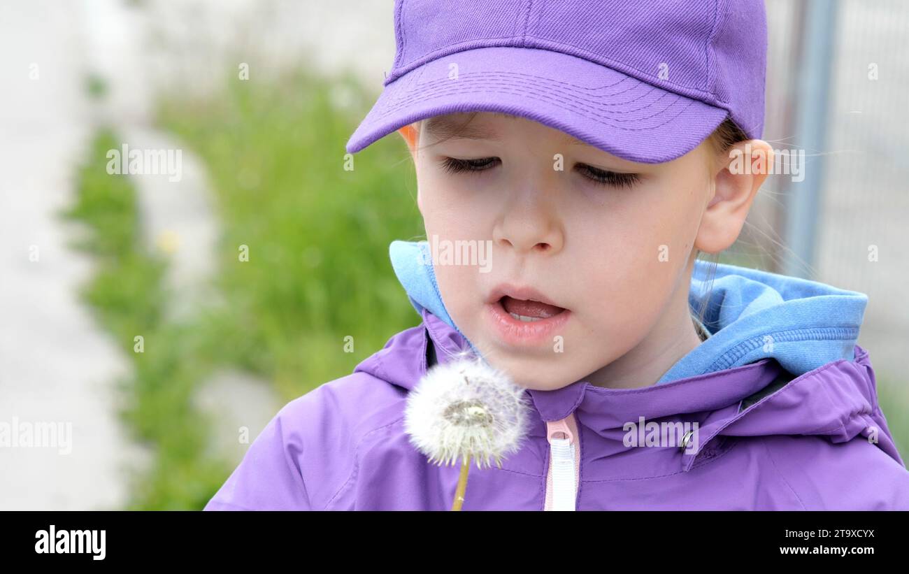 School age child girl blowing a dandelion, closeup shot, portrait, face ...