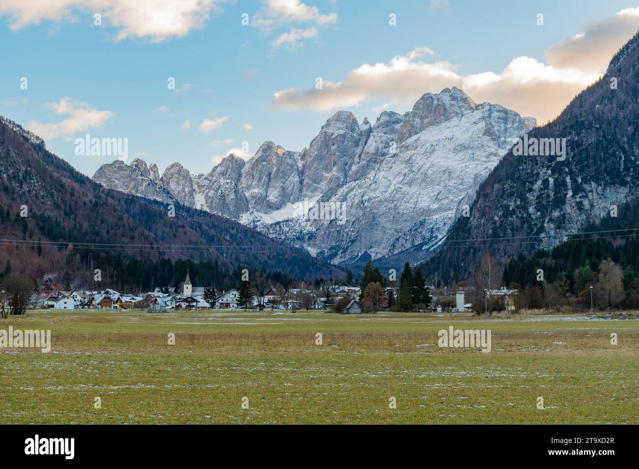 Landscape view of the italian alpine town of Valbruna with the chain of ...