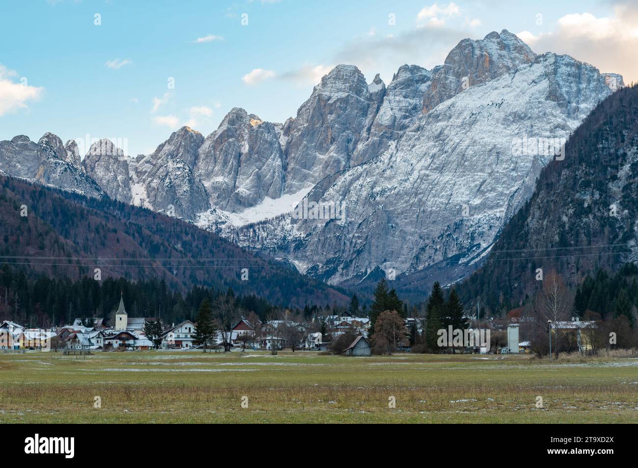 Landscape view of the italian alpine town of Valbruna with the chain of ...