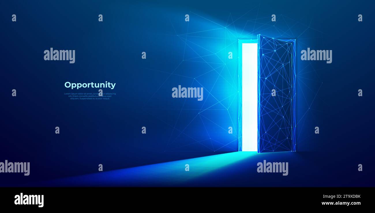 Digital open door in future. Technology portal with bright neon light ...