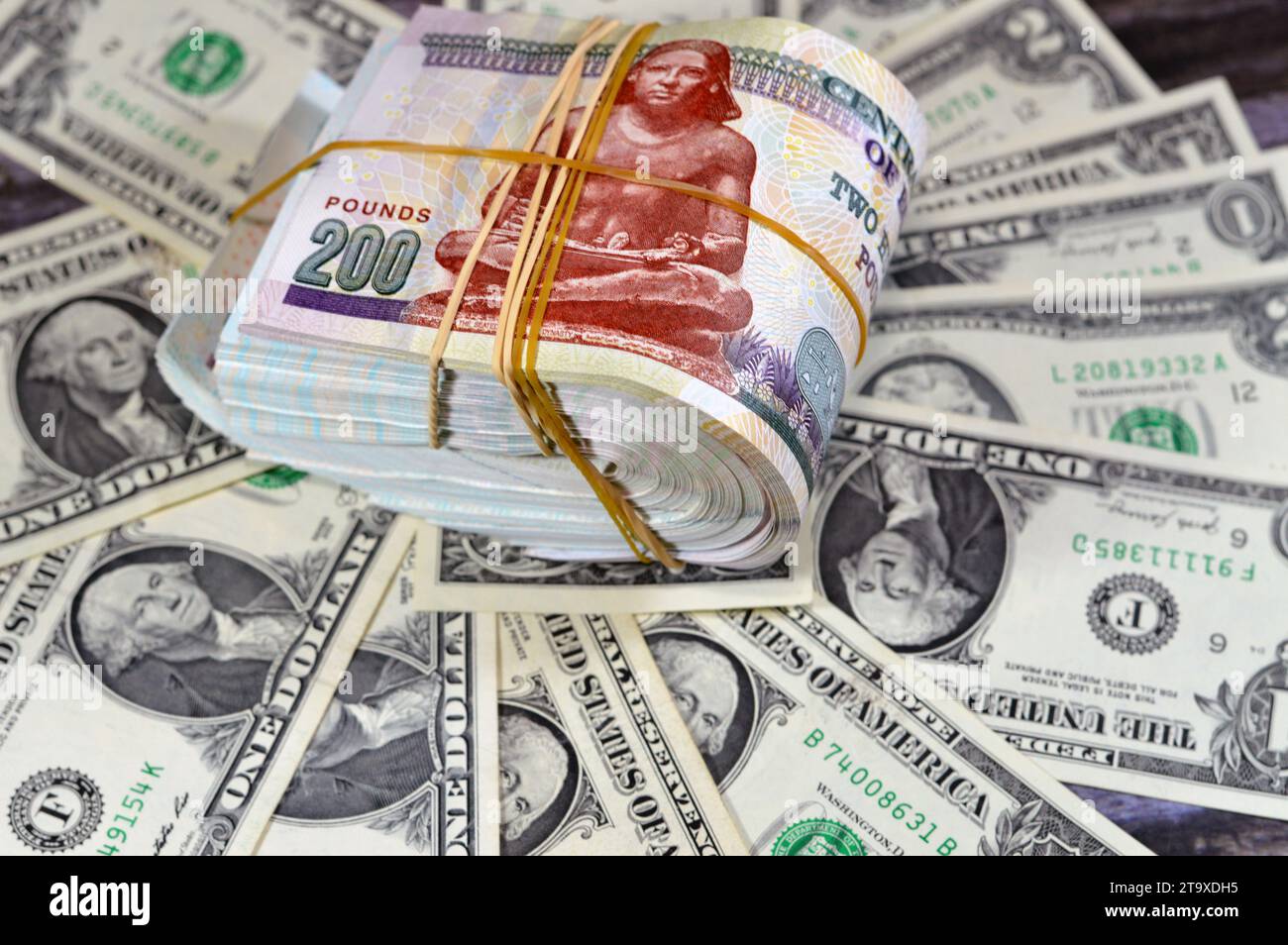 Folded Egyptian money banknote bills of 100, 200, 50 EGP LE one and two ...