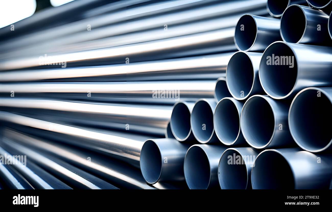 Close-ups of stored industrially manufactured metal steel pipes after ...