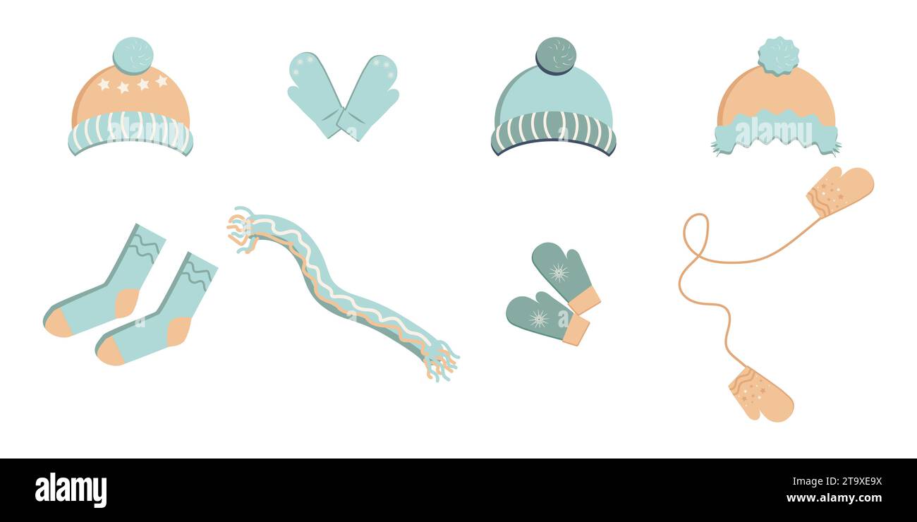 Set of winter warm a white background. Hat Scarf mittens and socks ...
