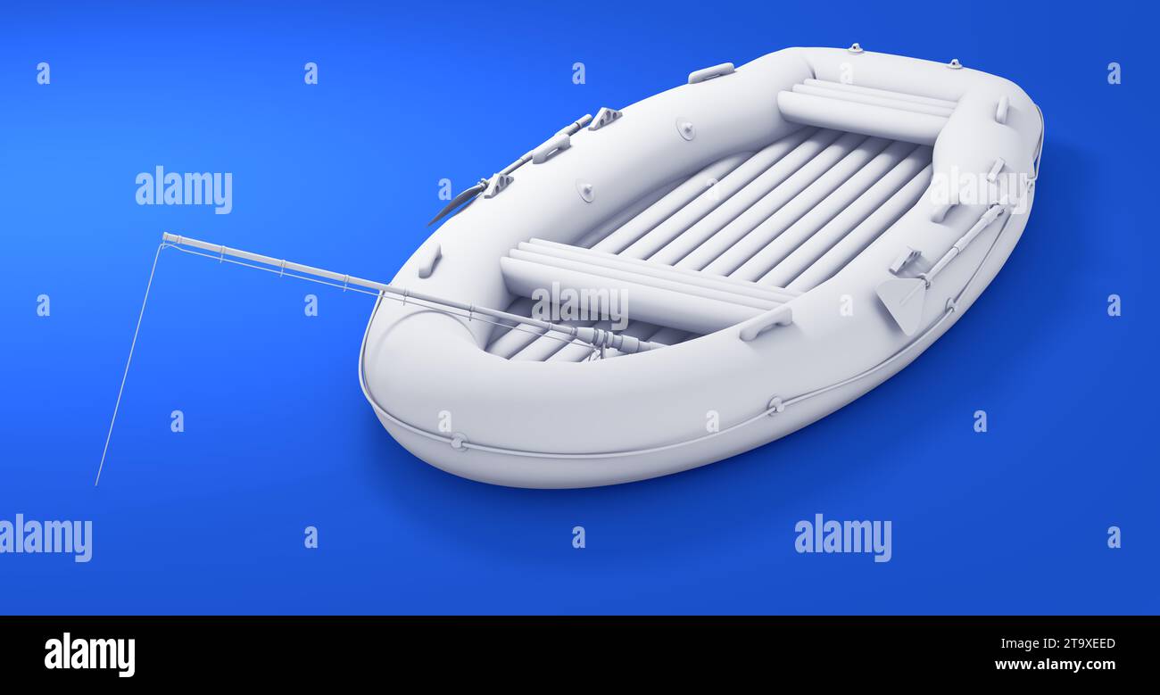 White Inflatable Boat With Fishing Rod on a Blue Studio Background ...