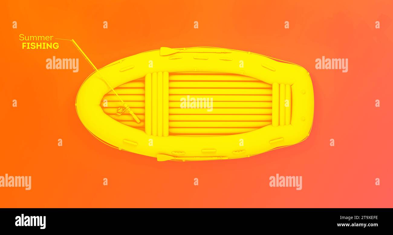 Summer Fishing Time. Yellow Inflatable Boat With Fishing Rod on a ...