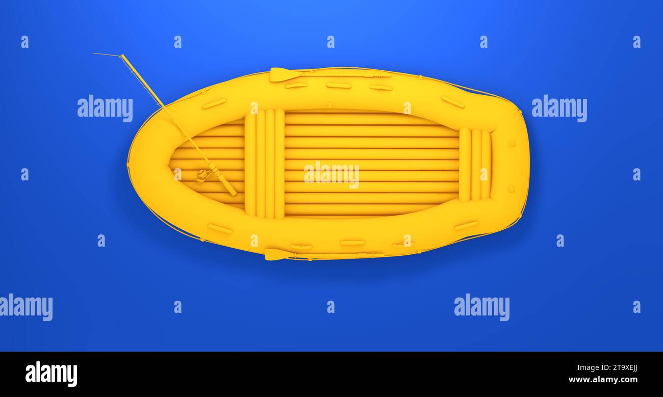 Yellow Inflatable Boat With Fishing Rod on a Blue Studio Background ...