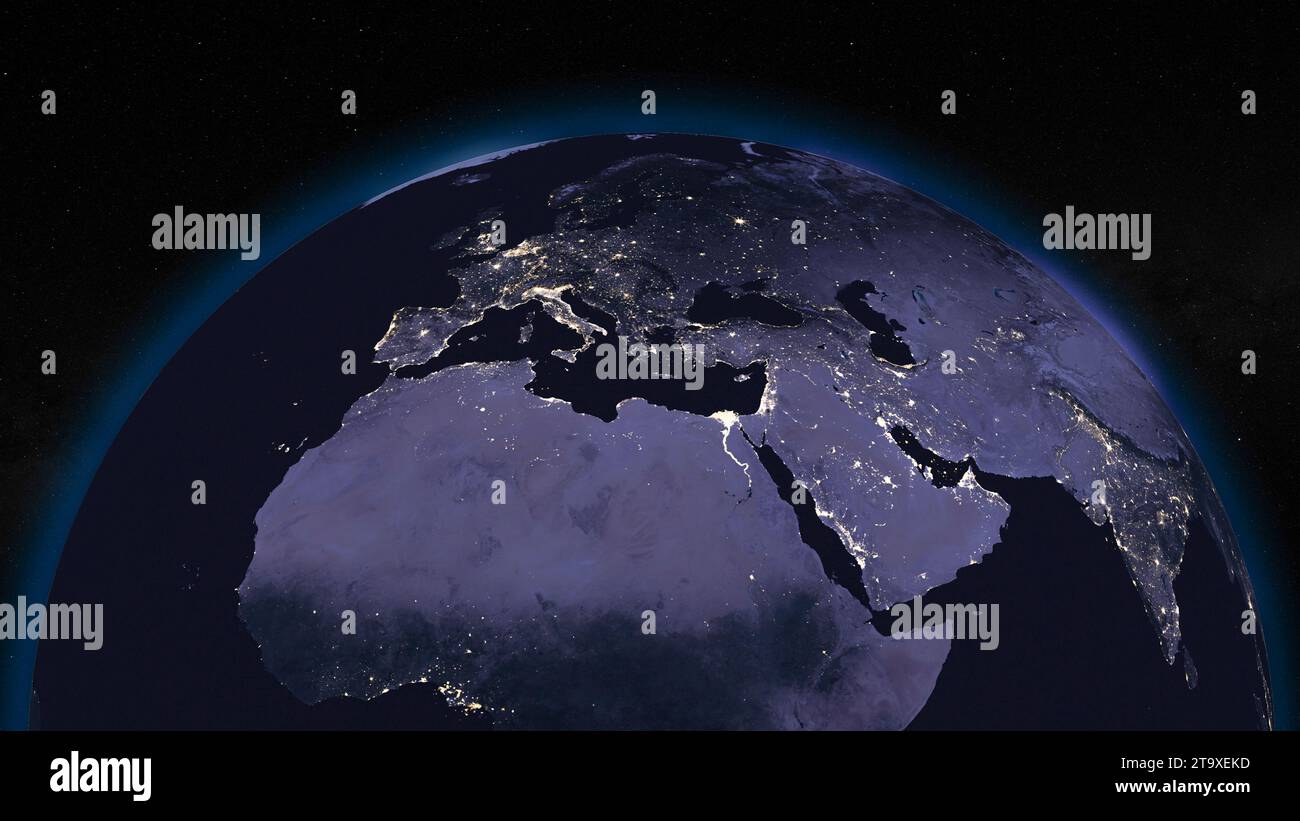 Earth globe by night focused on Europe and Middle East. Dark side of ...
