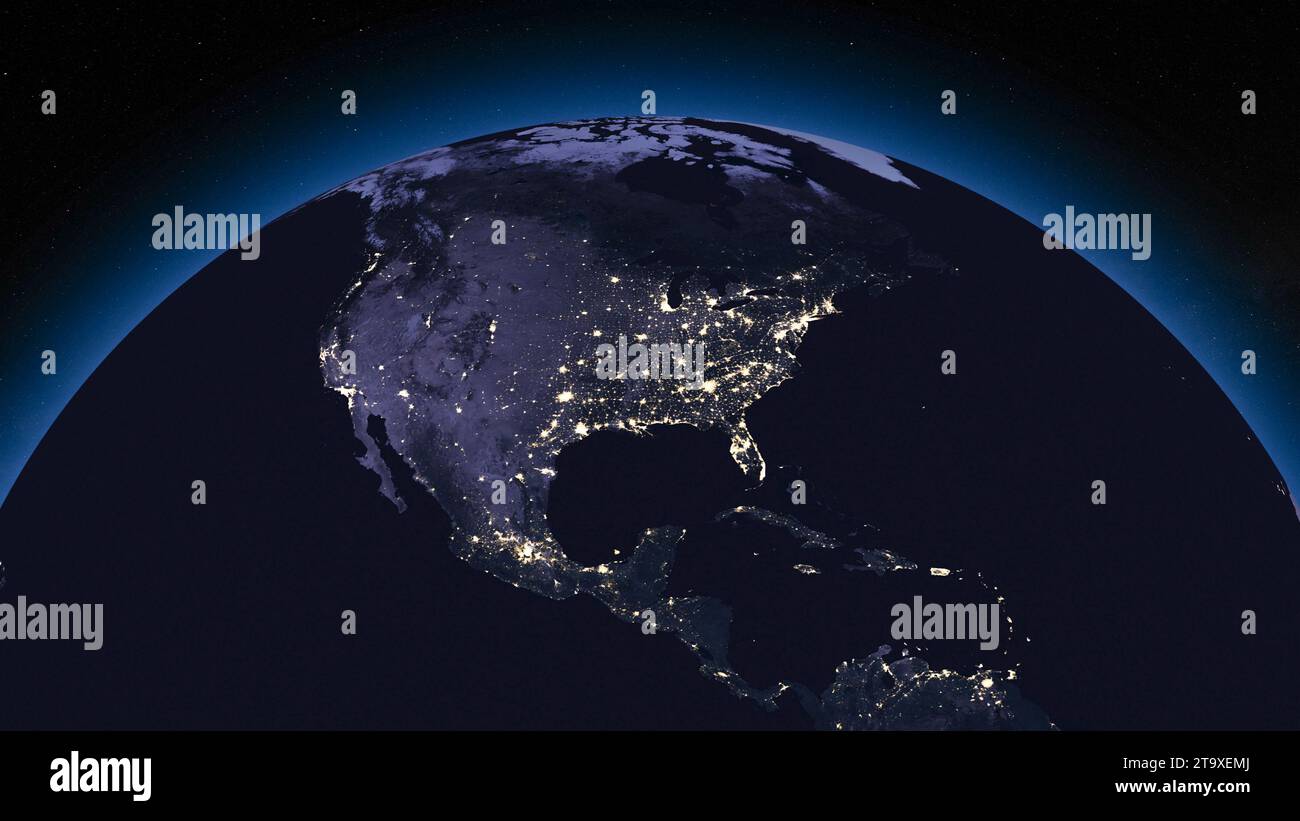 Earth globe by night focused on United States of America and Canada ...