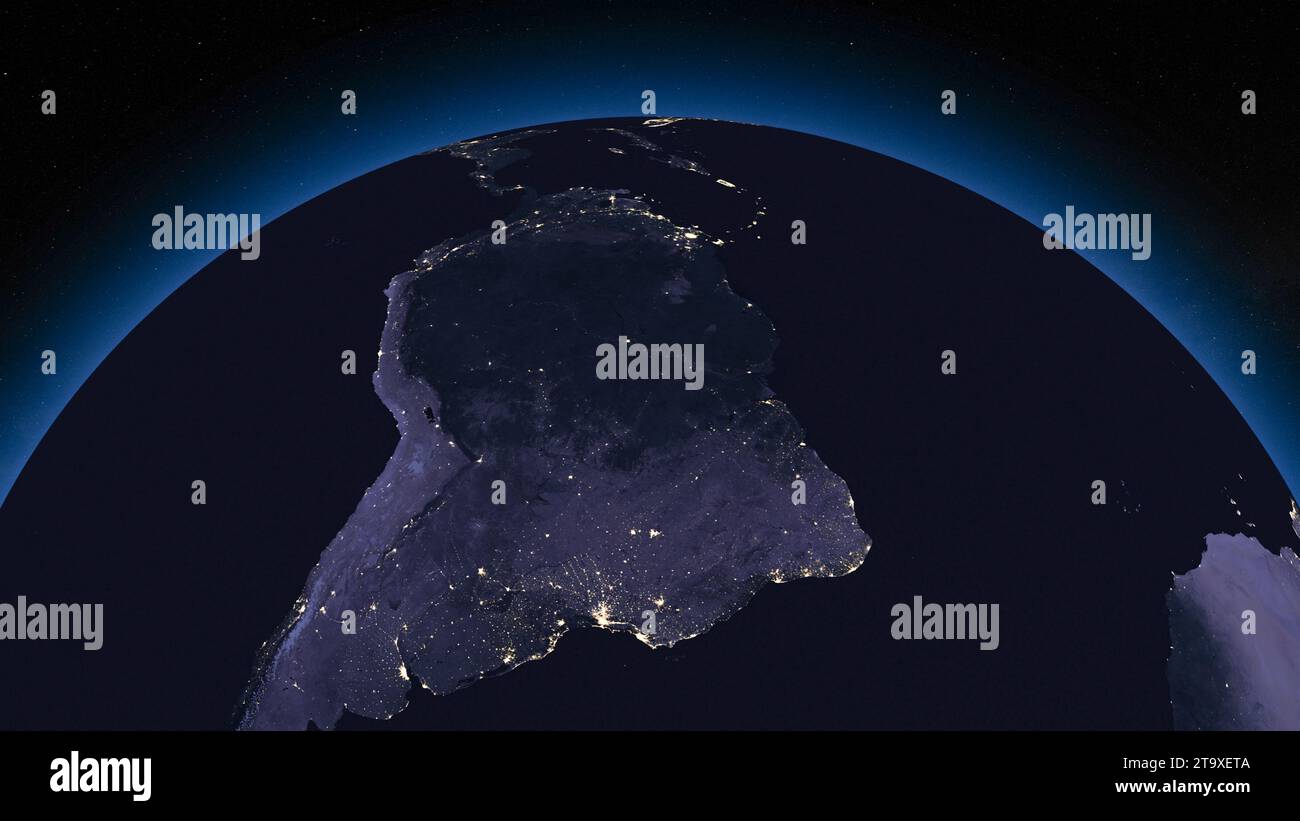 Earth globe by night focused on South America. Dark side of Earth with ...