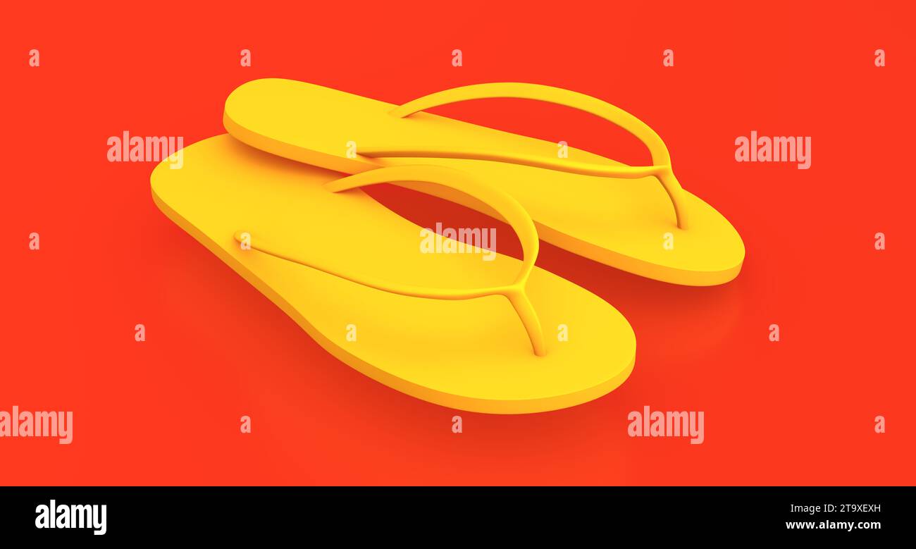 Yellow Summer Beach Slippers on a Red Studio Background. Minimal ...