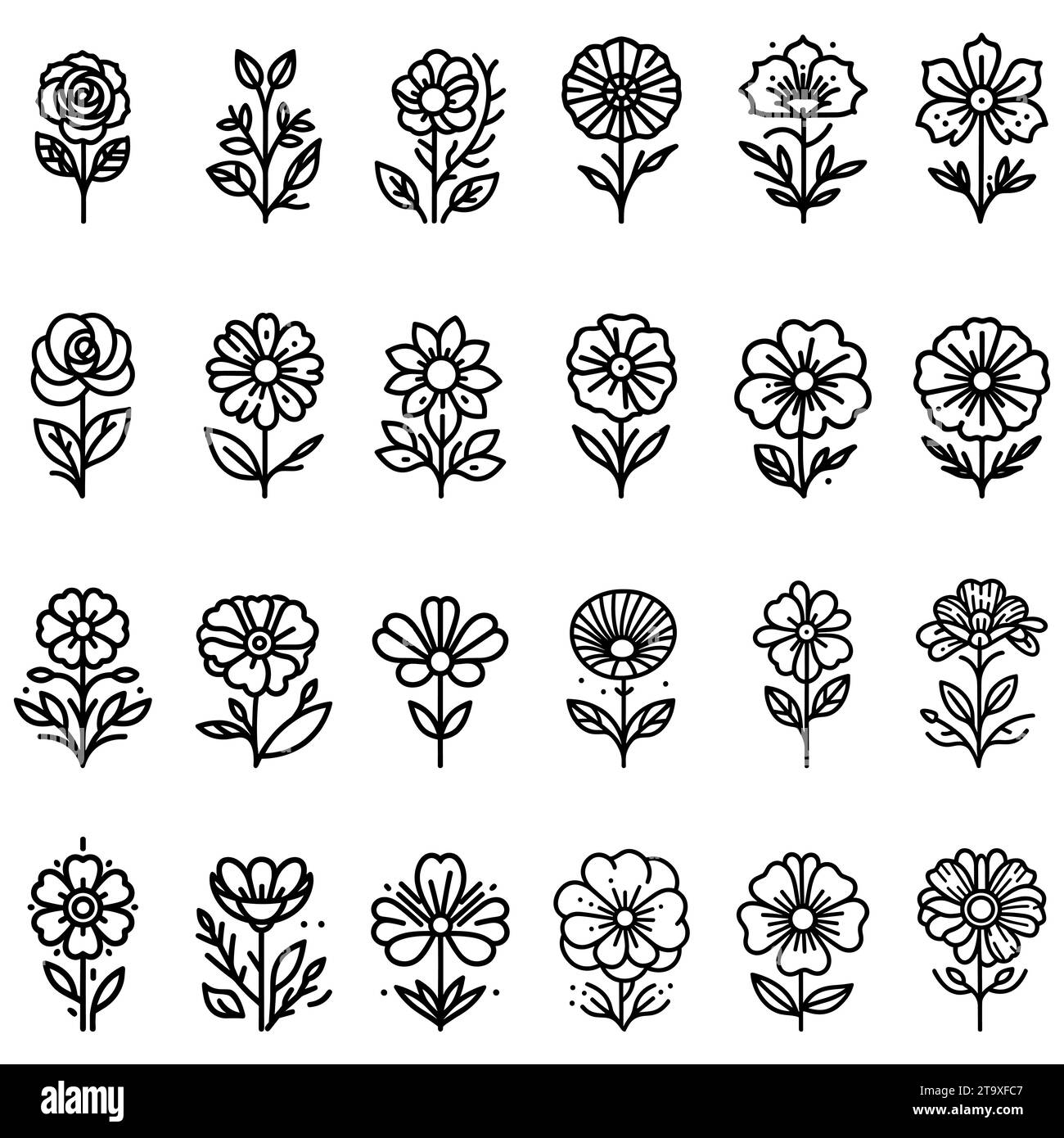 Flower icons set. Collection of black linear floral icons. Different ...