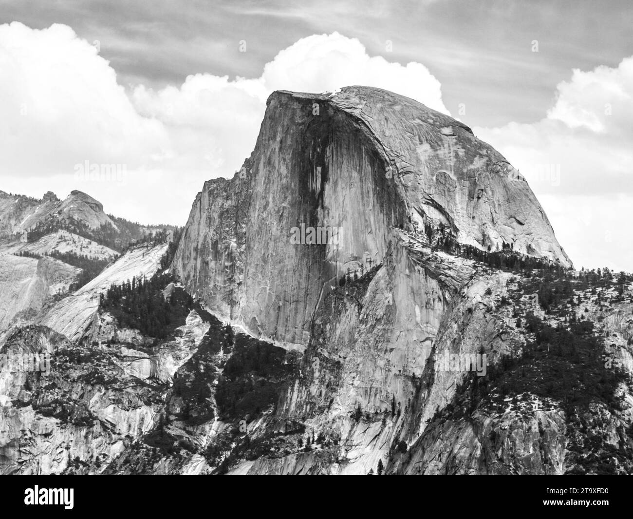 Yosemite National Park and Half Dome, California, USA. Black and white ...