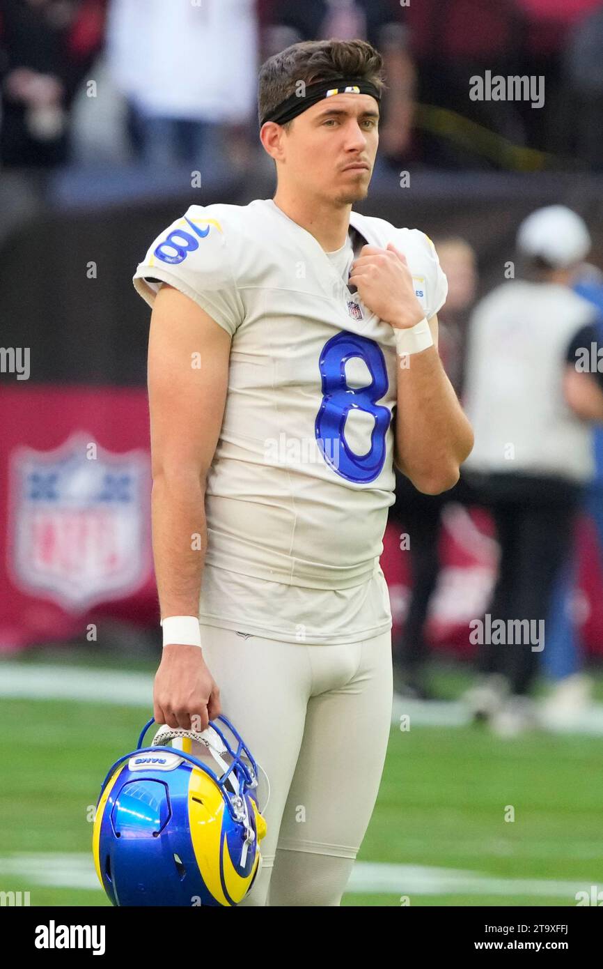 Los Angeles Rams place kicker Lucas Havrisik (8) warms up before an NFL ...