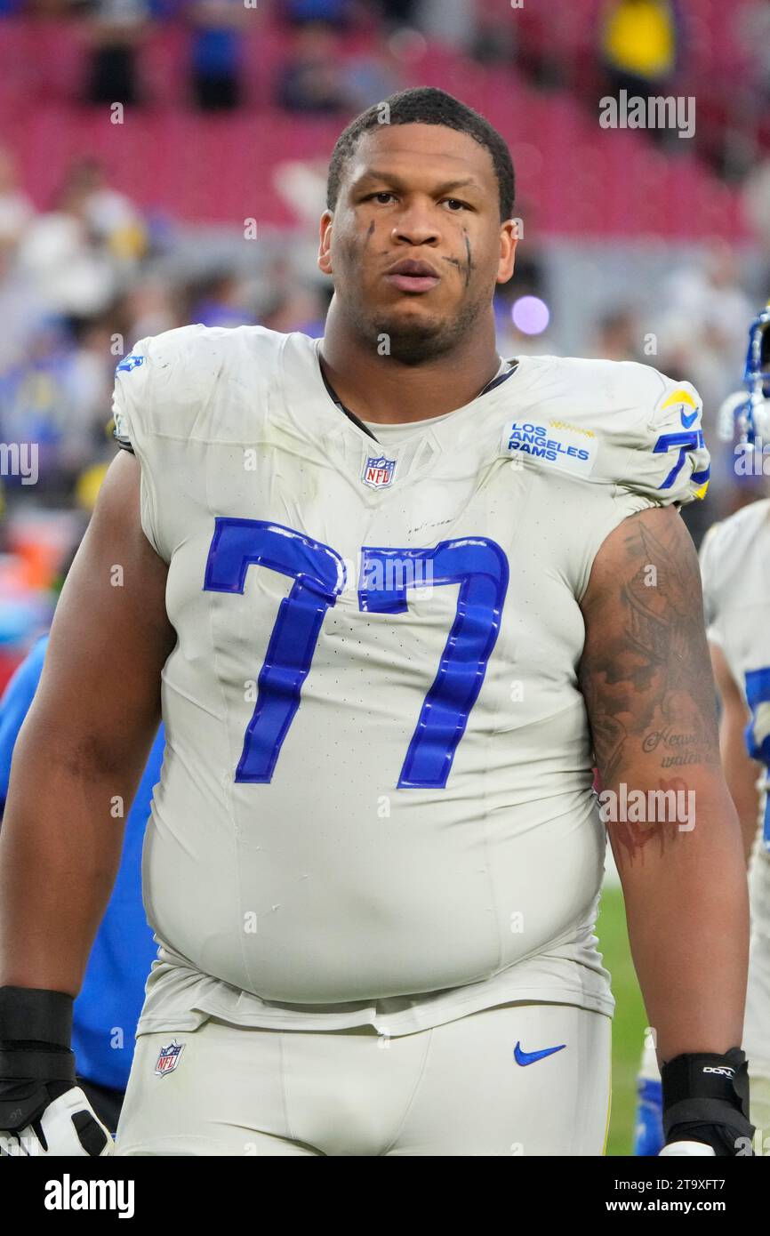 Los Angeles Rams offensive tackle Alaric Jackson (77) leaves the field ...