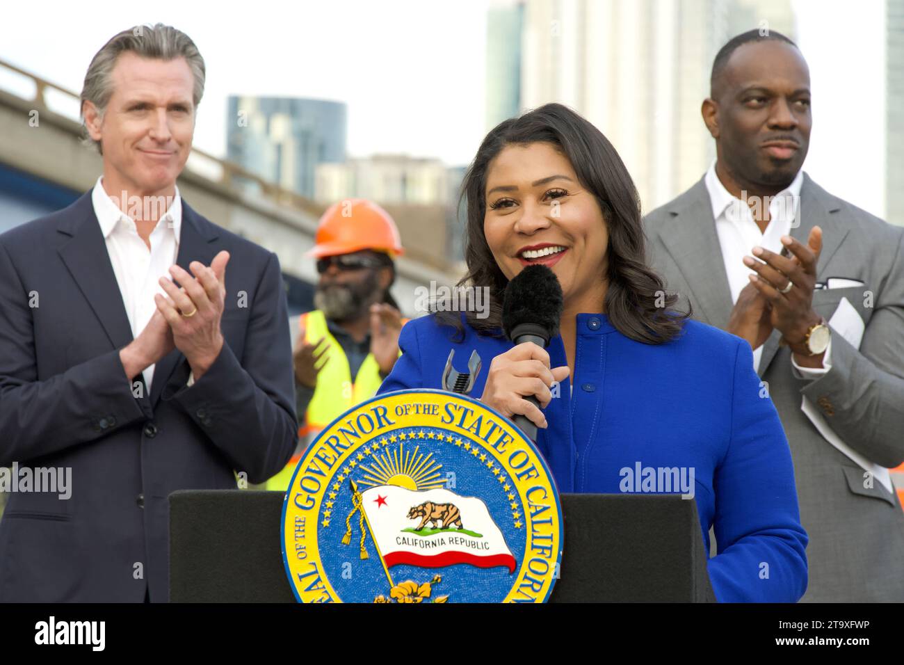 San Francisco, CA - Nov 9, 2023: Mayor London Breed speaking about the ...
