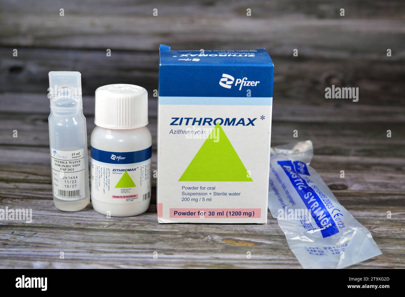 Cairo, Egypt, October 8 2023: Zithromax Azithromycin suspension powder ...