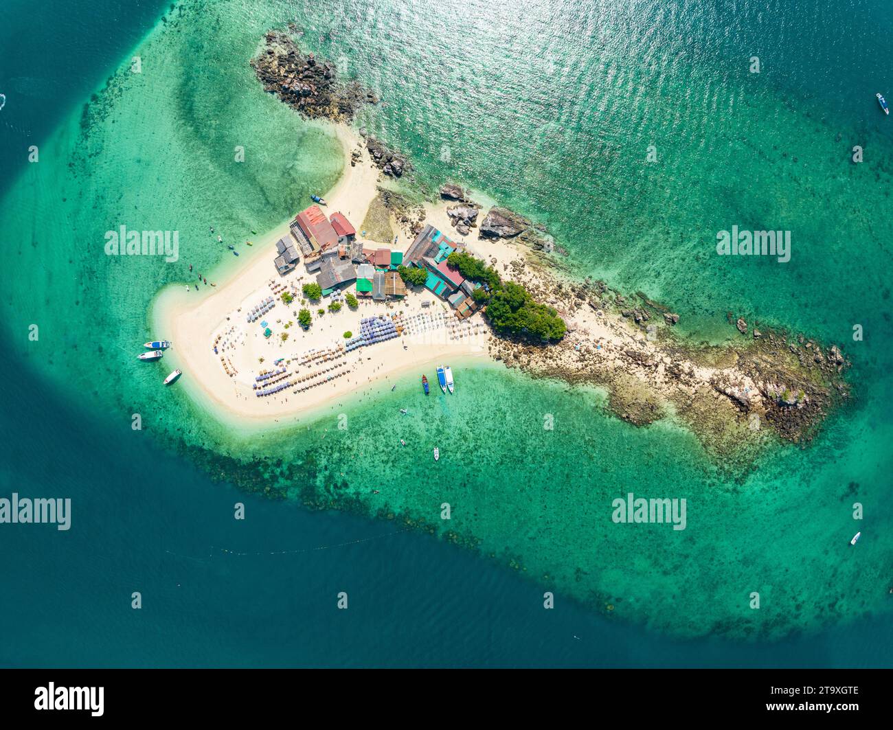 Aerial view drone shot of Amazing small island beautiful tropical sandy ...