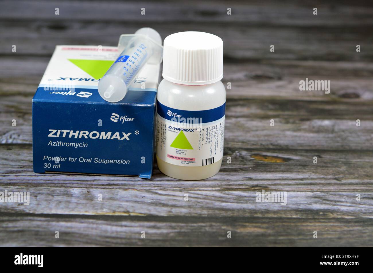 Cairo, Egypt, October 8 2023: Zithromax Azithromycin suspension powder ...