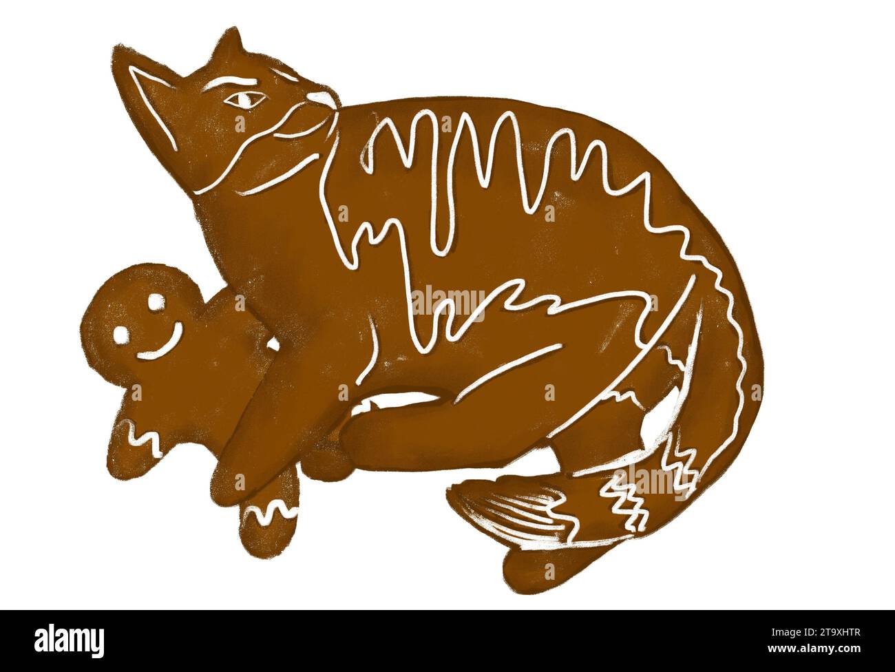 Gingerbread cat holding gingerbread man illustration Stock Photo - Alamy