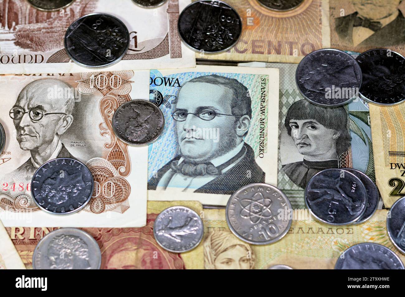 Old money currency of banknotes and coins from different countries of ...