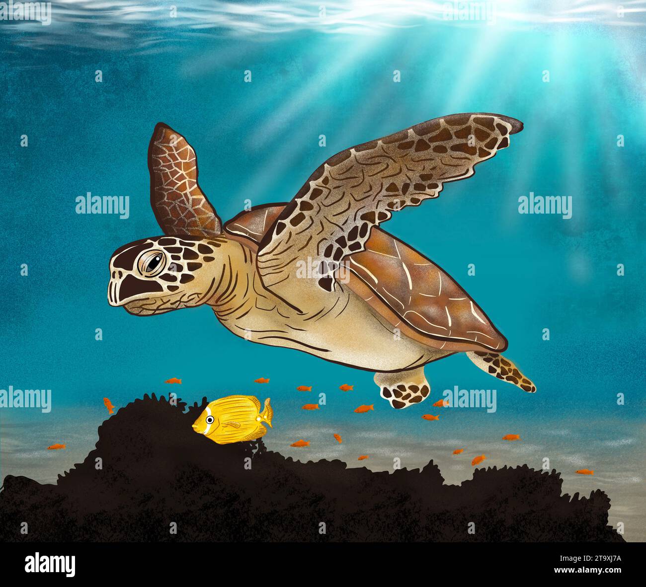 Sea turtle swimming along fish in the ocean illustration Stock Photo ...