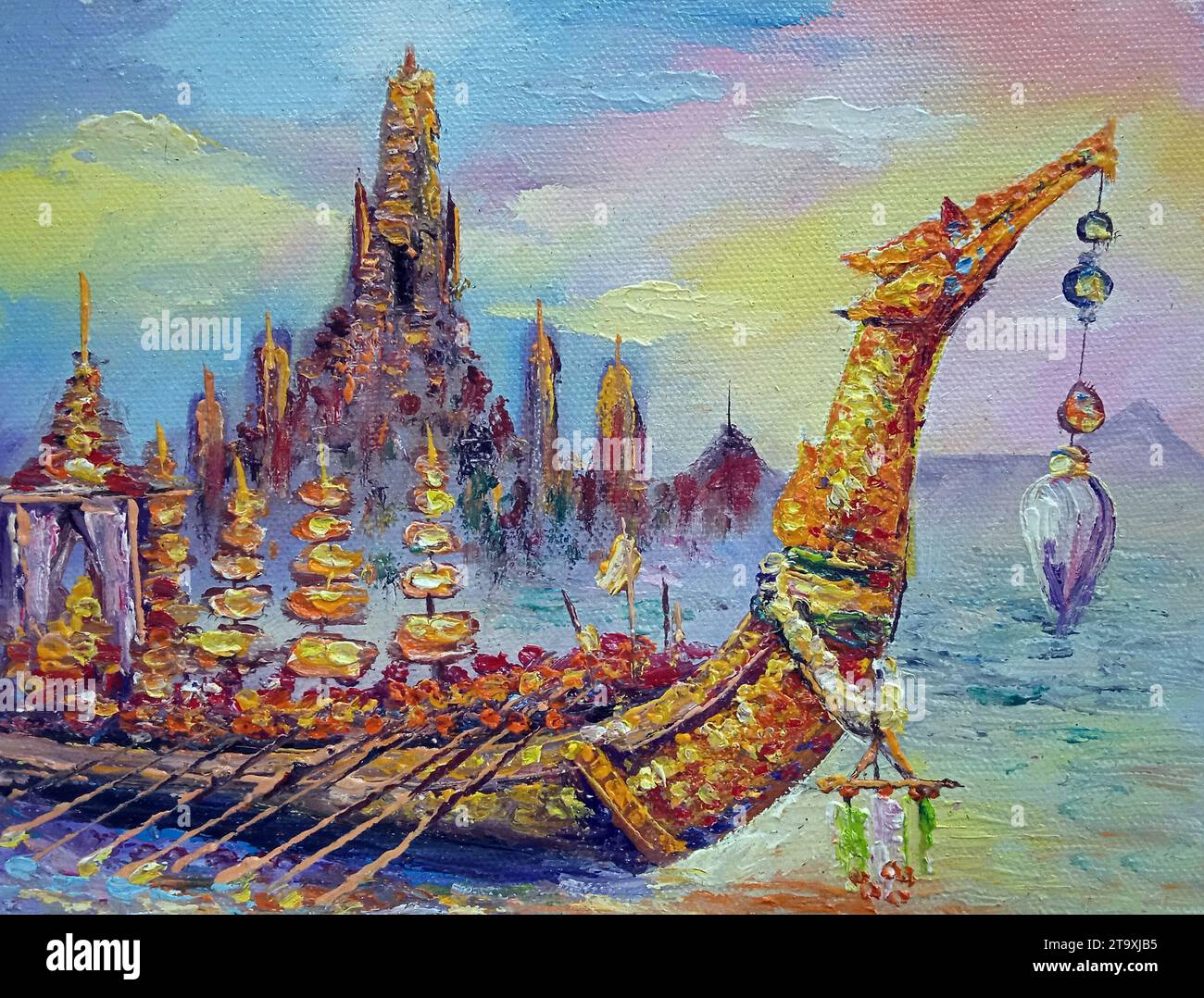 Original art painting Oil color royal barge Thailand , suphannahong ...