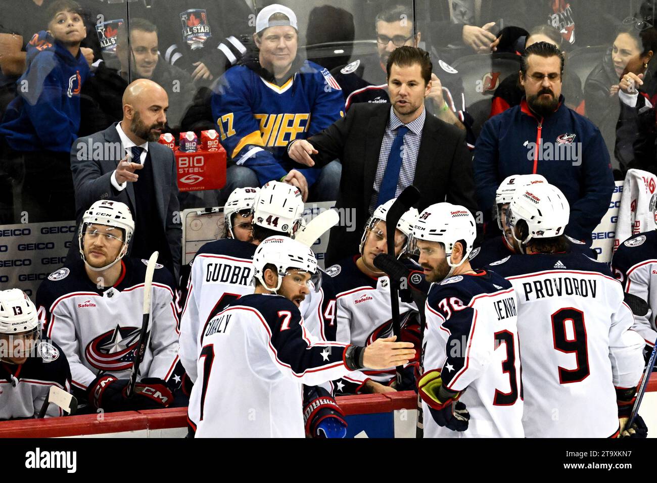 Columbus Blue Jackets head coach Pascal Vincent, left, and assistant ...